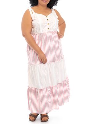 TRUE CRAFT Plus Size Sleeveless Tie Shoulder Tiered Maxi Dress | belk