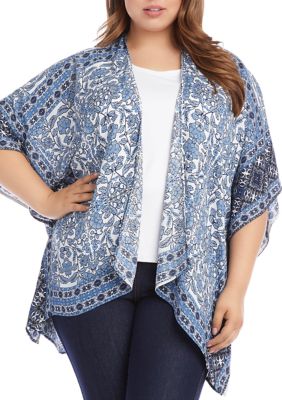 Karen Kane Plus Size Border Scarf Print Woven Topper Jacket | belk
