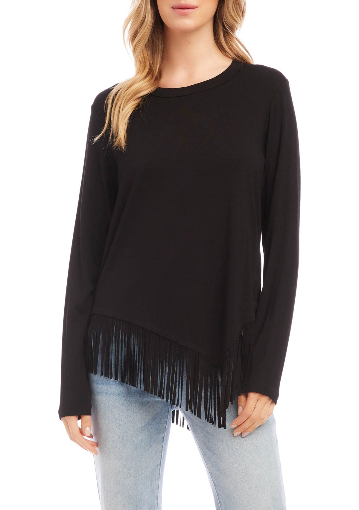 Karen Kane Petite Size Asymmetric Fringe Top | Belk