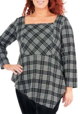 NY Collections Plus Size Plaid Peplum Square Neck Top | belk