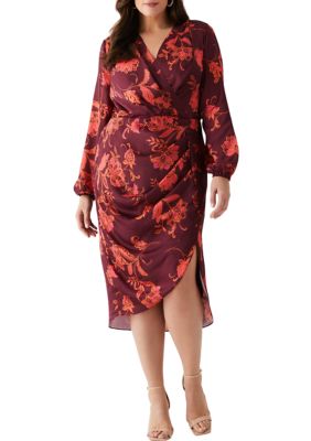 ELLA Rafaella Plus Size Faux Wrap Long Sleeve Midi Dress | belk