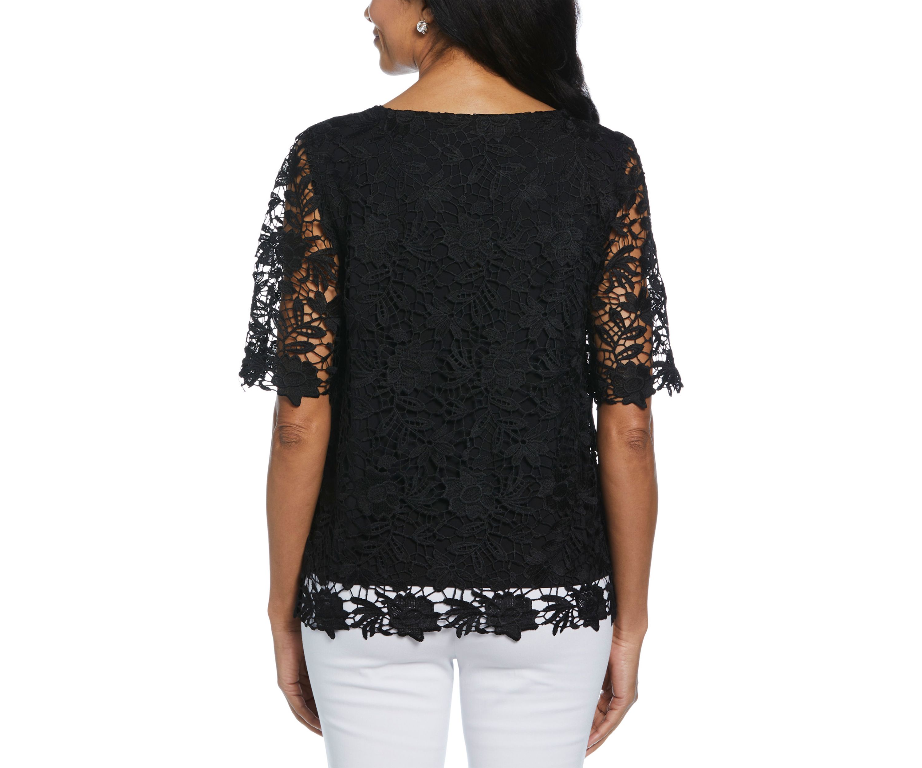 Rafaella Women's Scalloped Lace Elbow Length Sleeve Top | Belk