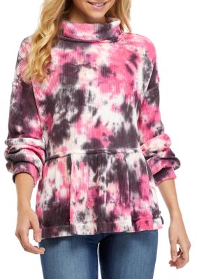 TRUE CRAFT Drop Shoulder Tie Dye Mock Neck Peplum Knit Top | belk