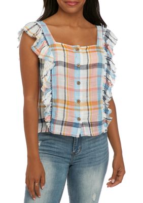 TRUE CRAFT Ruffle Front Button Down Textured Top | belk