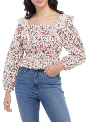 TRUE CRAFT Long Sleeve Square Neck Woven Top | belk