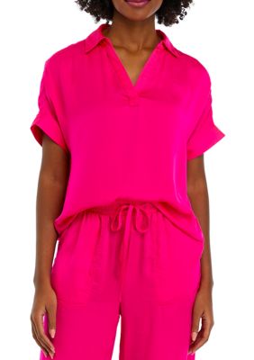 Single Thread Women's Short Sleeve Collar Satin Blouse | belk