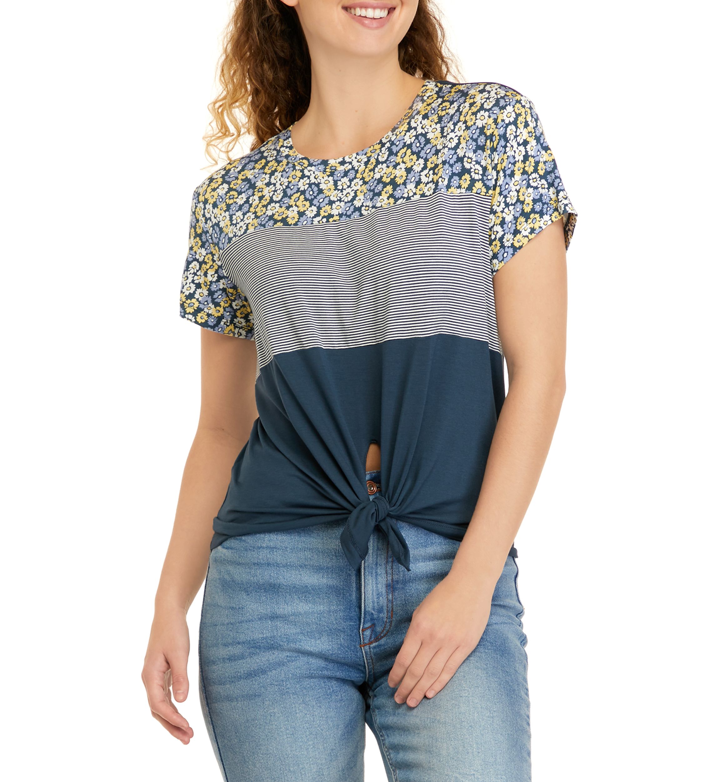 Oak & Trellis Juniors' Short Sleeve Tie Front Triple Stack T-Shirt | Belk