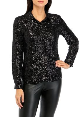 cable & gauge Women's Sequin Button Down Shirt | belk