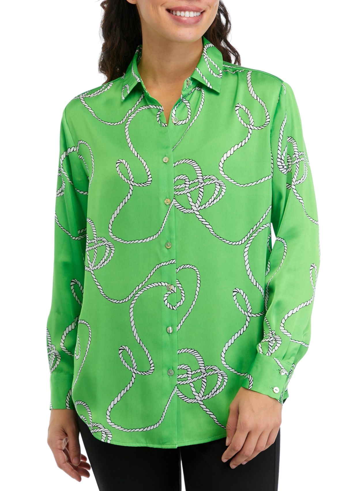 Chelsea & Theodore Petite Printed Button Down Blouse | Belk