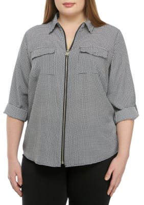 MICHAEL Michael Kors Plus Size Square Print Roll-Tab Sleeve Dog Tag Top ...