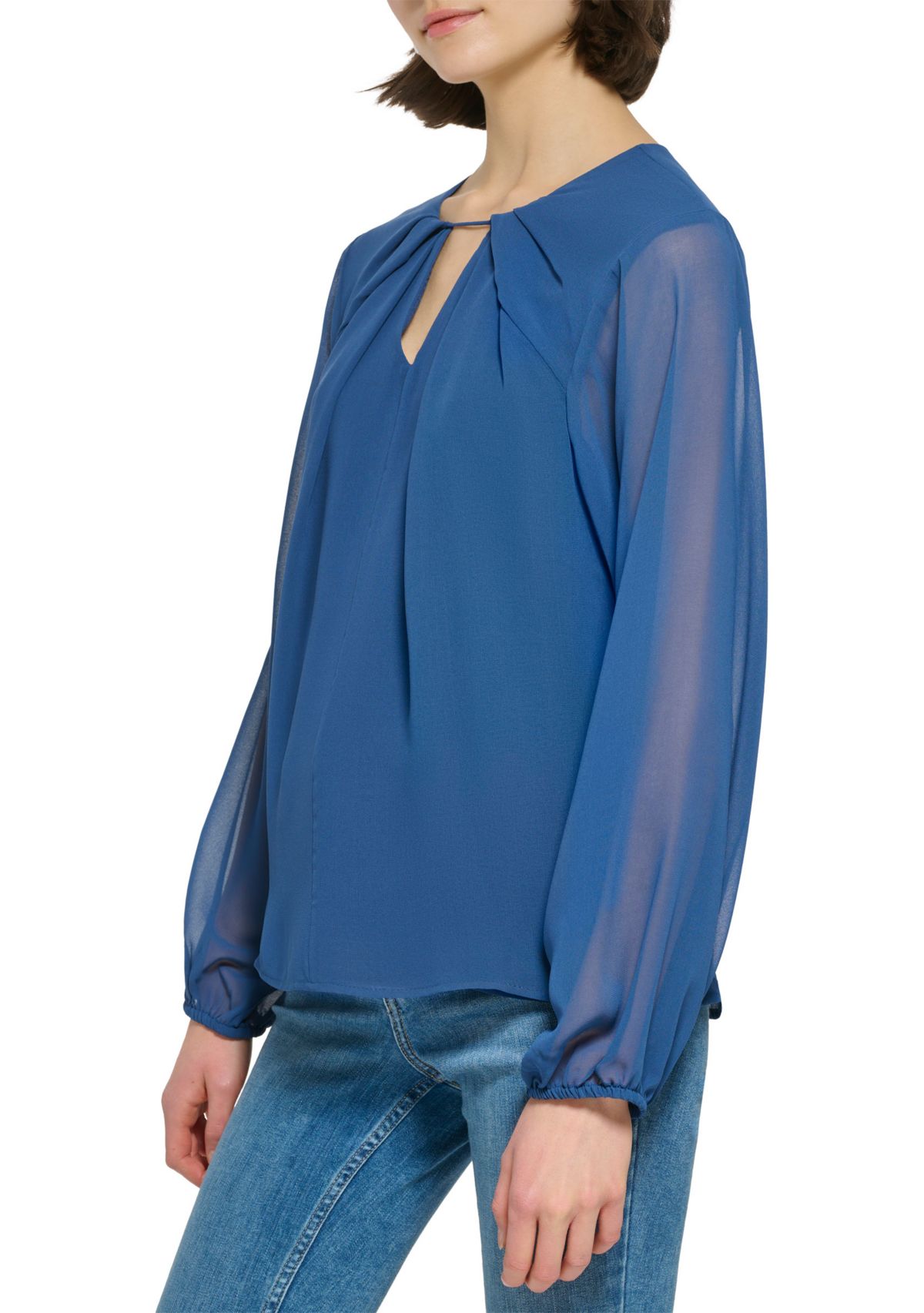 Calvin Klein Women's Solid Chiffon Pleated Keyhole Blouse | Belk