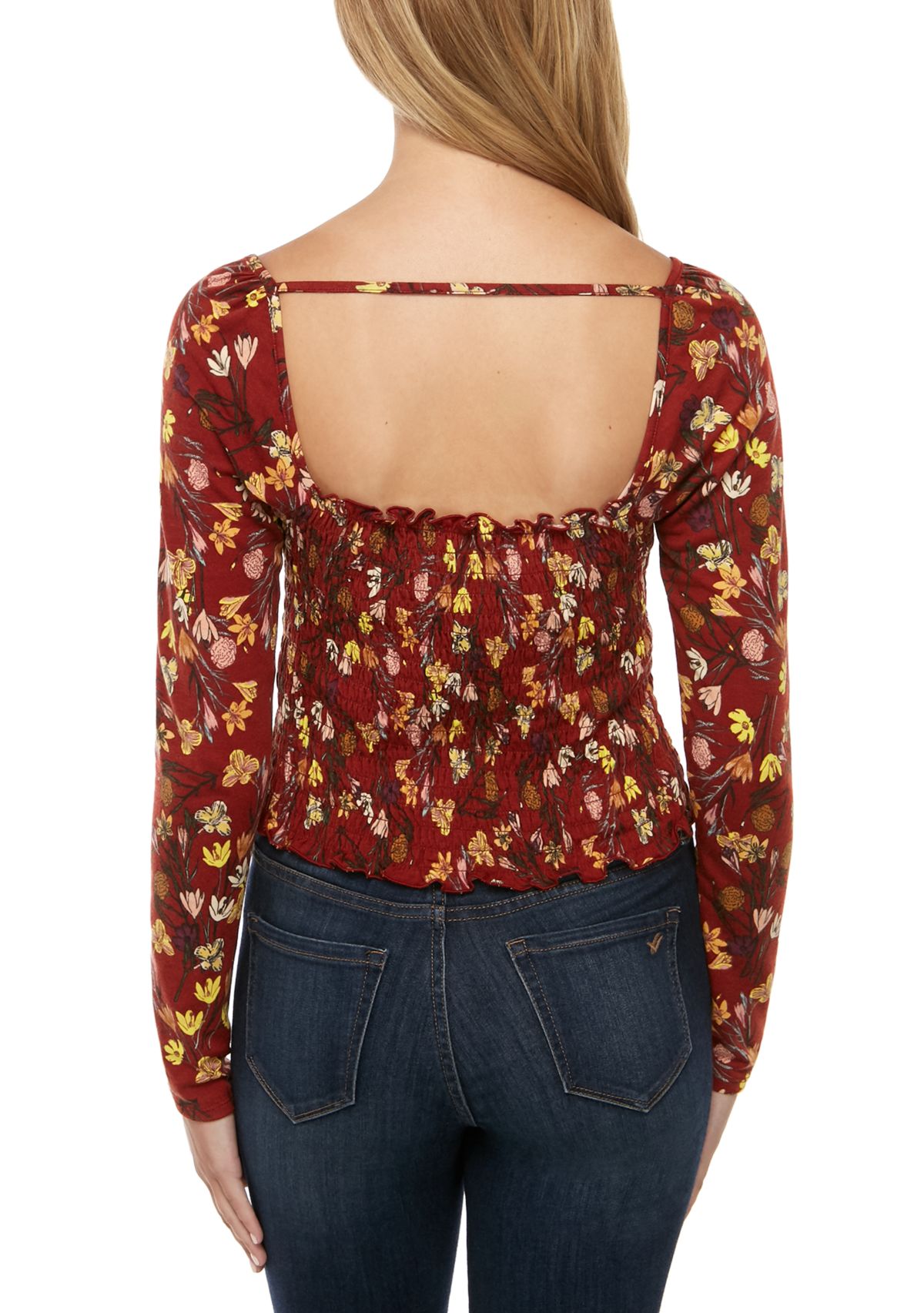 love, Fire Long Sleeve Square Neck Smocked Top | Belk