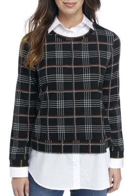 Sharagano Plaid Rib Knit 2Fer Top | belk