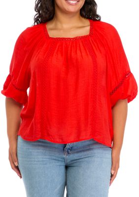 ZAC & RACHEL Plus Size 3/4 Sleeve Eyelet Inset Woven Top | belk