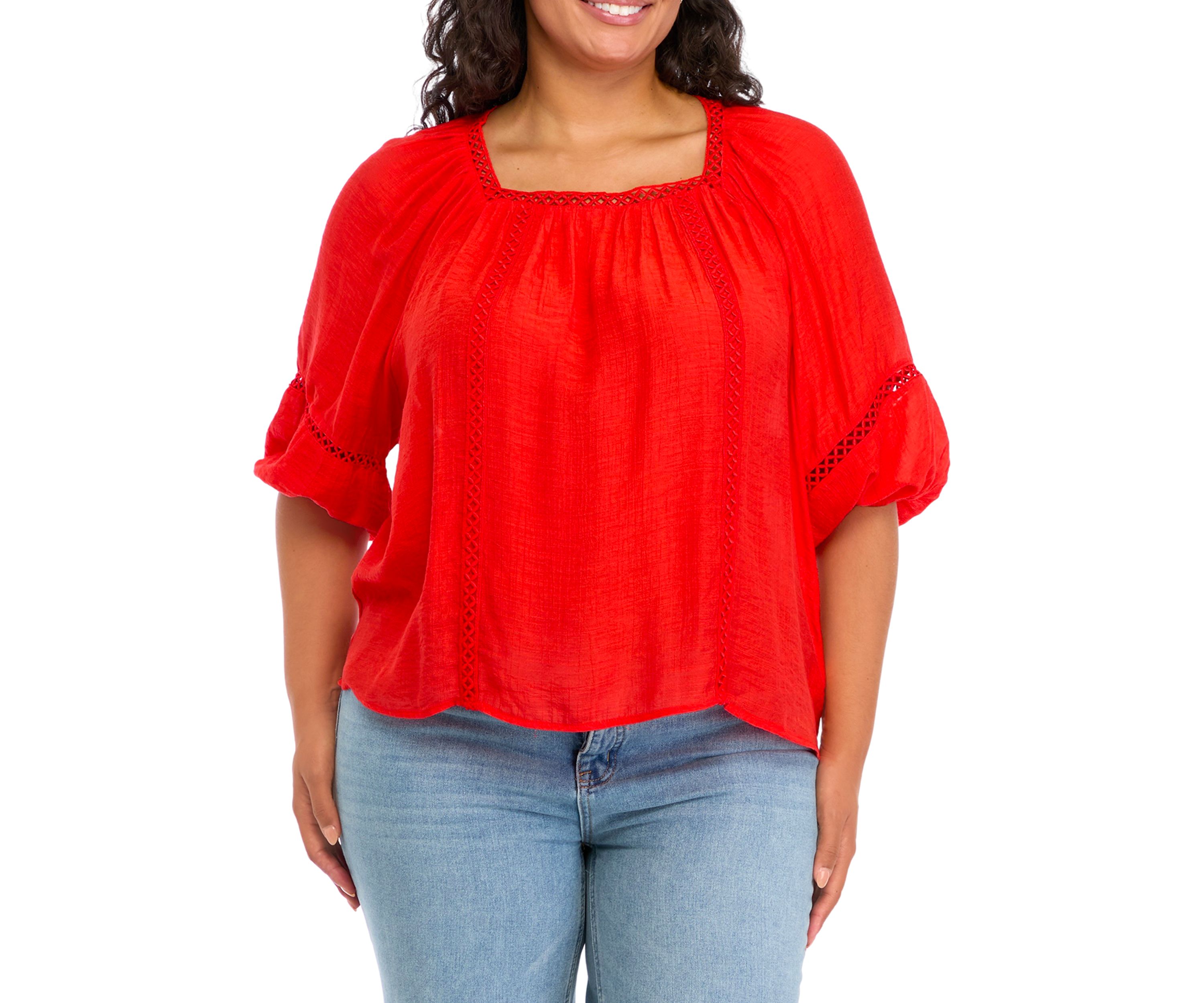 ZAC & RACHEL Plus Size 3/4 Sleeve Eyelet Inset Woven Top | Belk
