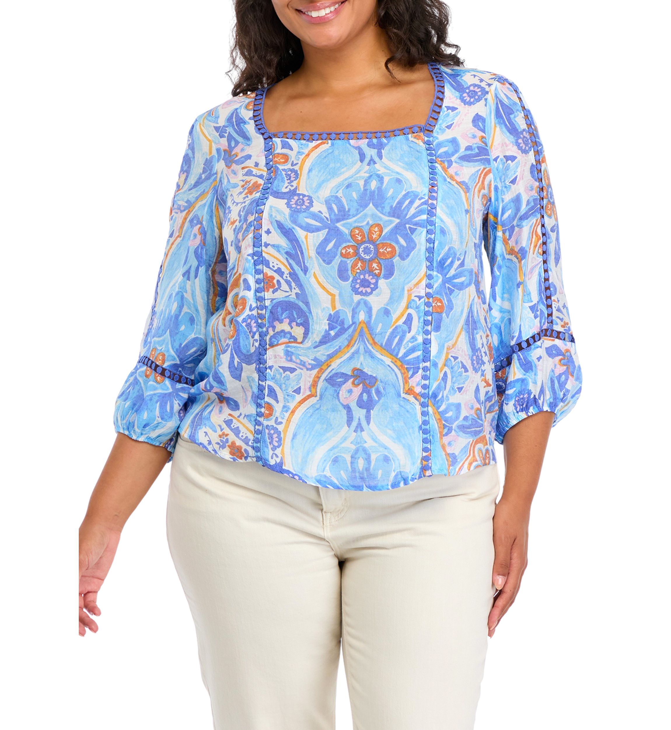 ZAC & RACHEL Plus Size 3/4 Sleeve Eyelet Inset Woven Top | Belk