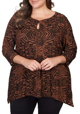 Ruby Rd Plus Size Twist Neck Knit Spot On Animal Print Burnout Top | belk