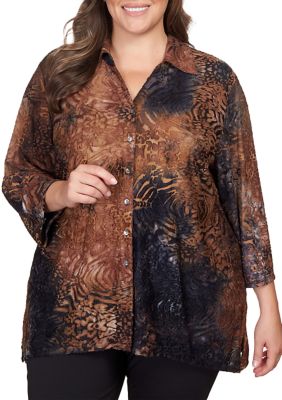 Ruby Rd Plus Size Mahogany Abstract Animal Button Front Top | belk