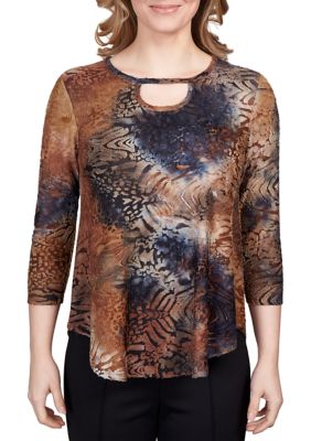 Ruby Rd Petite Tie Dye Animal Print Keyhole Neck Top | belk