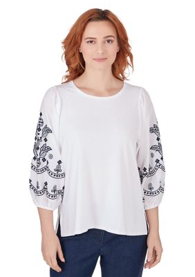 Ruby Rd Petite Scoop Neck Solid Knit Top With Embroidered Cotton Lawn Lantern Sleeves | belk