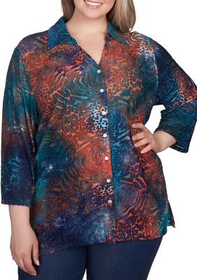 Ruby Rd Plus Size Teal Animal Print Button Front Burnout Top | belk