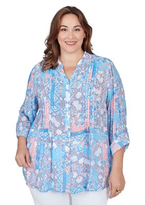 Ruby Rd Plus Size Button Front Silky Gauze Patchwork Print Top | belk
