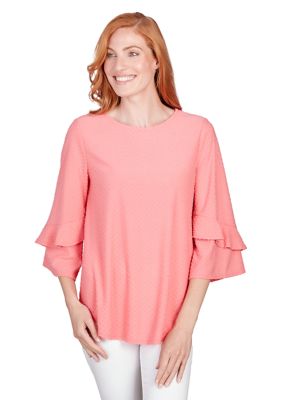 Ruby Rd Petite Scoop Neck Swiss Dot Textured Solid Knit Top with Ruffle Sleeve | belk