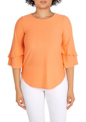 Ruby Rd Petite Solid Round Neck Textured Dot Flutter Sleeve Knit Top | belk