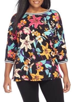 Ruby Rd Plus Size Floral Print Taping Knit Blouse | belk