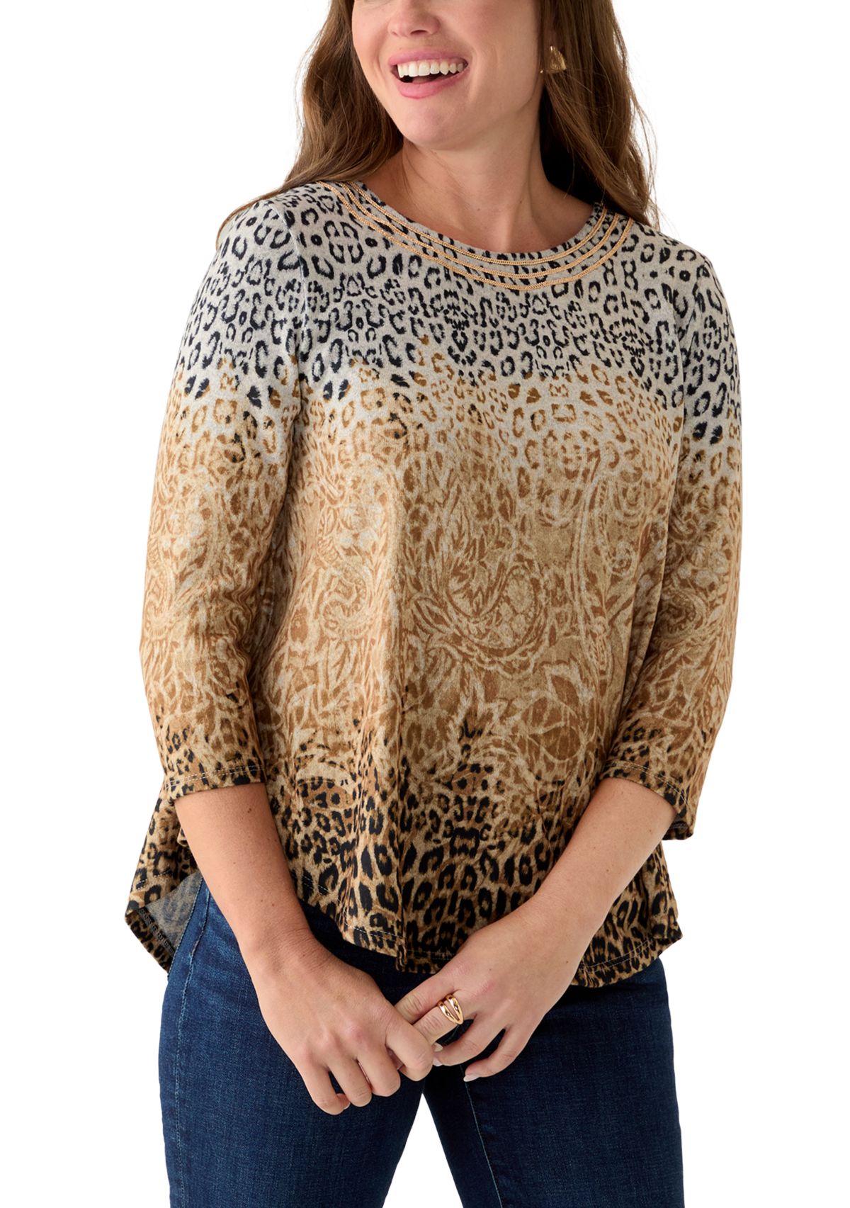 Ruby Rd Petite Embellished Animal Print Cozy Top | Belk