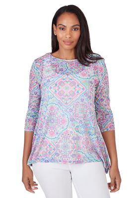 Ruby Rd Women's Scoop Neck Tile Print Burnout Shark Bite Top | belk