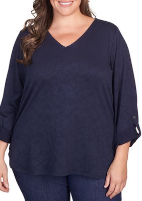 Ruby Rd Plus Size French Terry V-Neck Roll Sleeve Top | belk