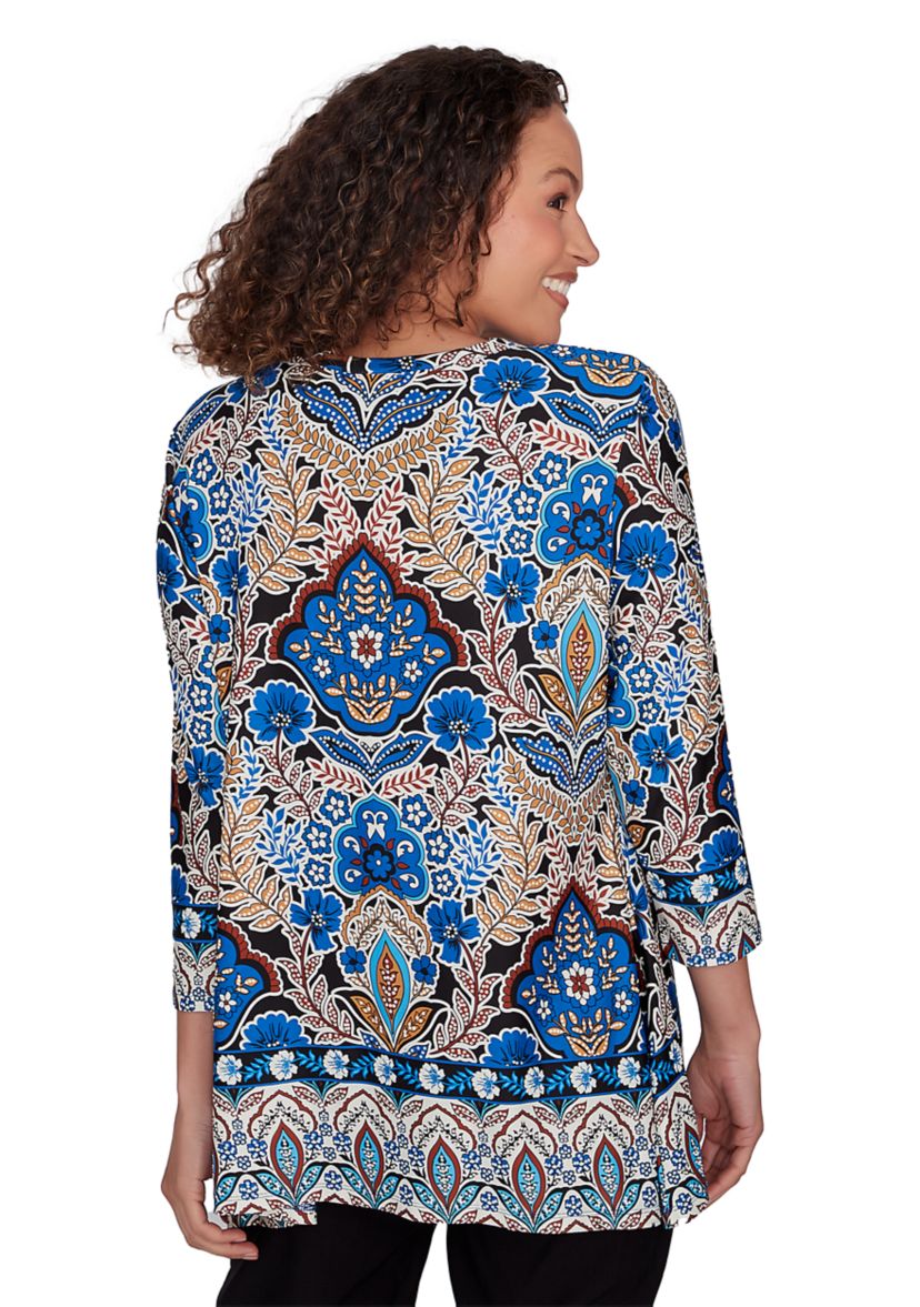 Ruby Rd Women's Split Neck Medallion Border Puff Print Knit Shark Bite Top | Belk