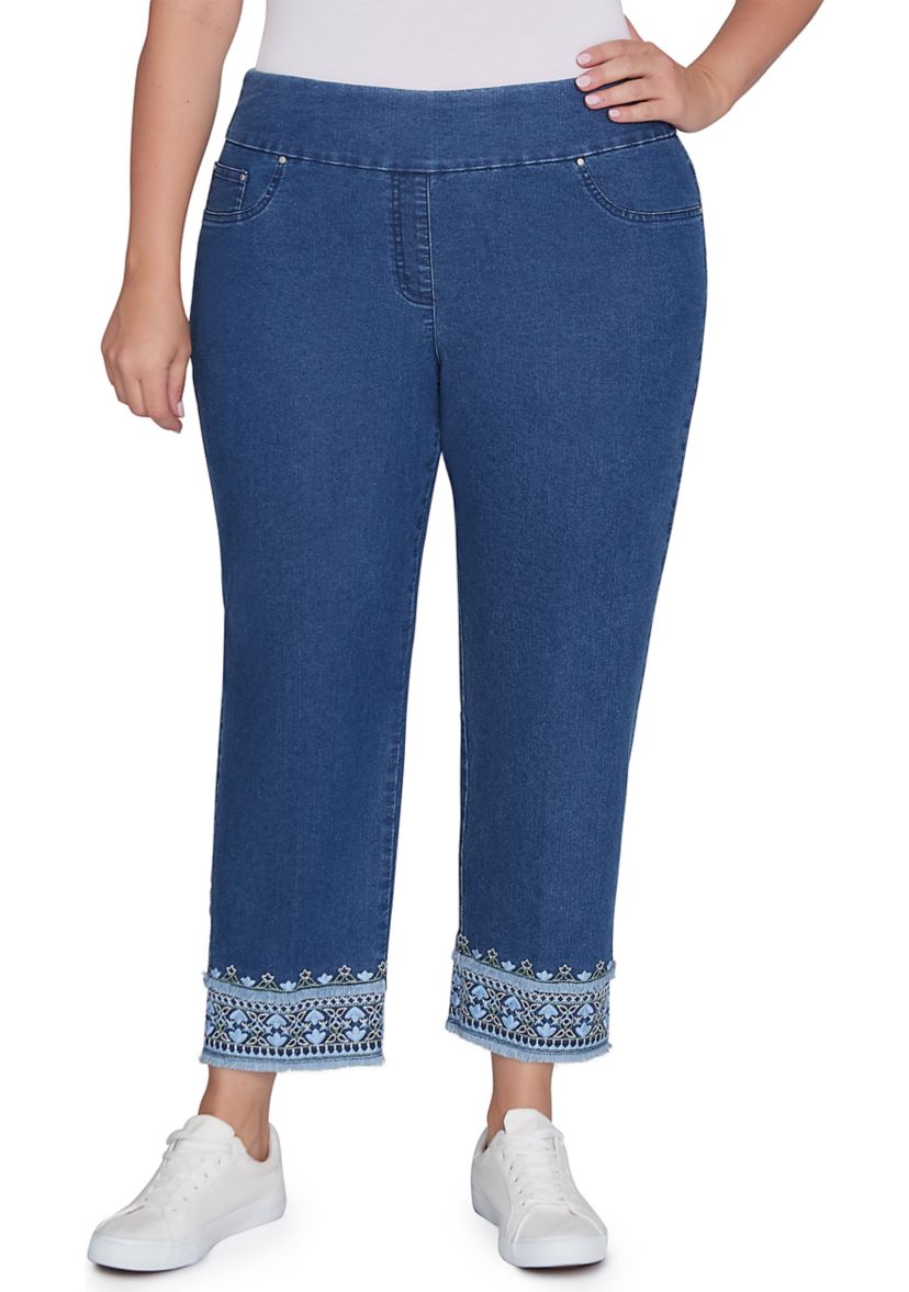Ruby Rd Plus Size Embroidered Pull On Extra Stretch Denim Jeans | Belk