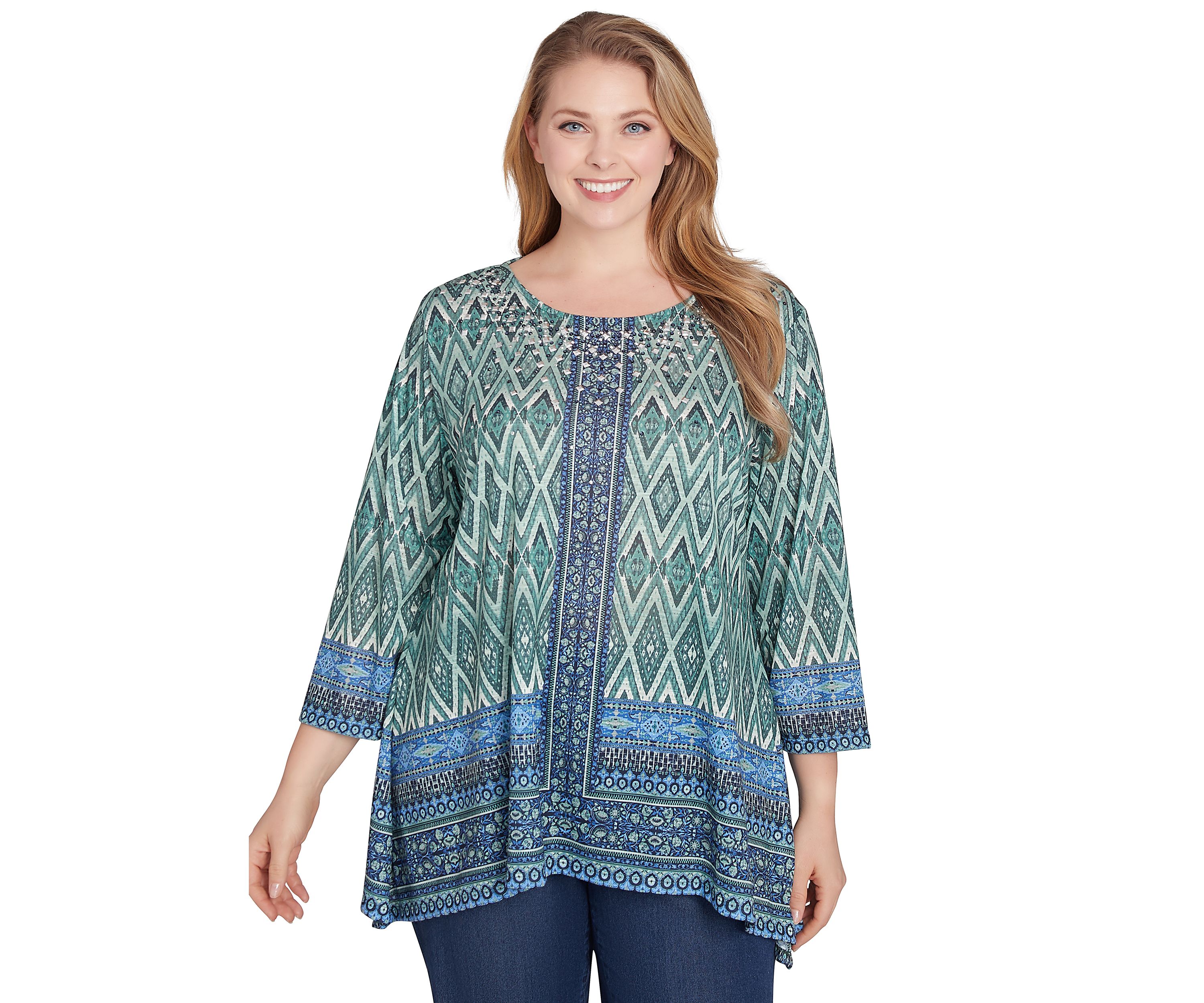 Ruby Rd Plus Size Embellished Scoop Neck Placement Print Slub Jersey Shark Bite Top | Belk