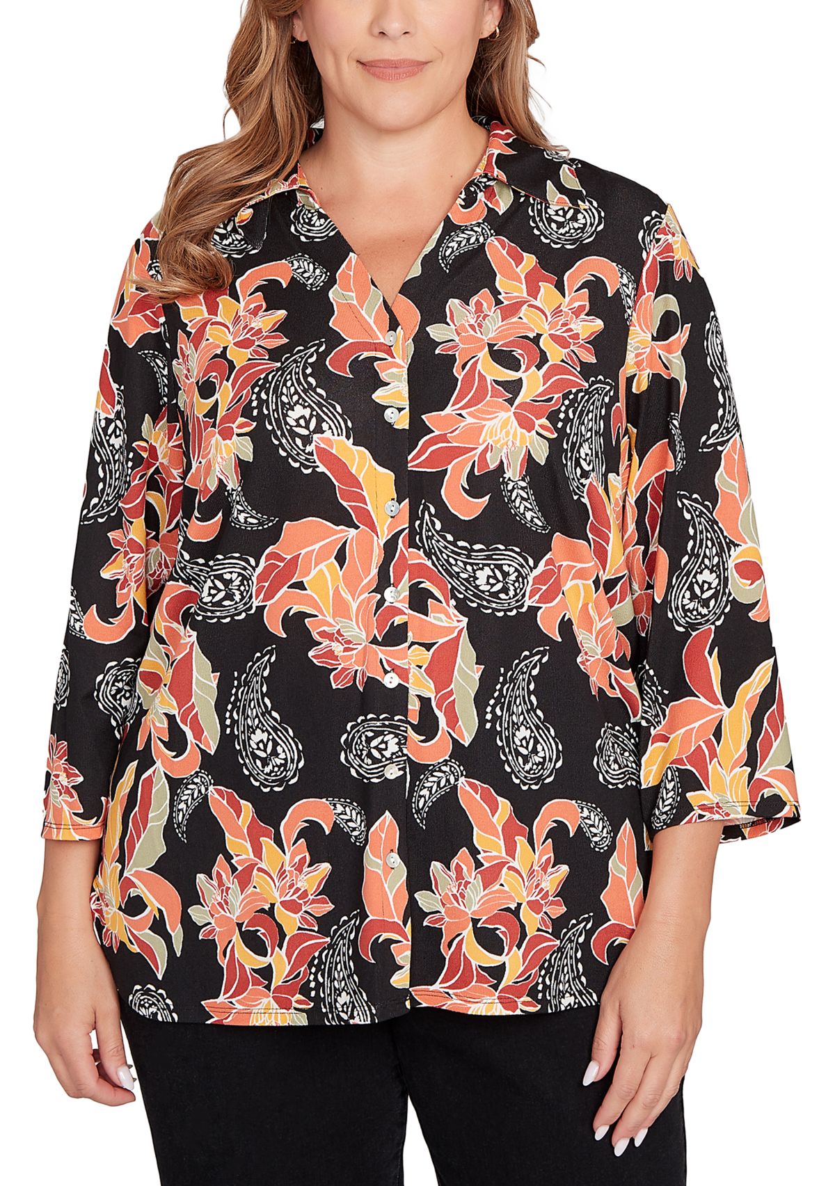 Ruby Rd Shirt Collar Floral Paisley Button Front Top | Belk