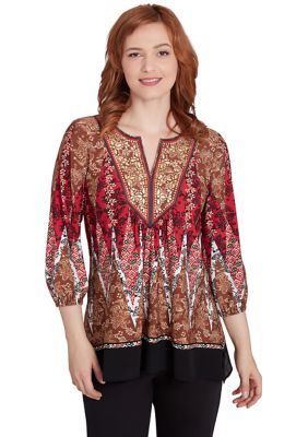 Ruby Rd Petite Embellished Placket Decorative Border Print Knit Top With Three Quarter Balloon ...