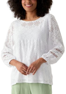 Ruby Rd Women's Diamond Eyelet Solid Lined Crinkle Knit Top | belk