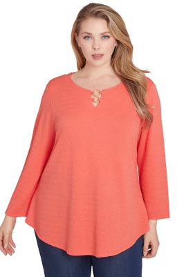 Ruby Rd Plus Size Keyhole Neck with Ring Detail Solid Textural Knit Top | Belk