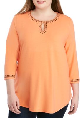 Ruby Rd Plus Size Geo Flora Embellished Neck Top | belk