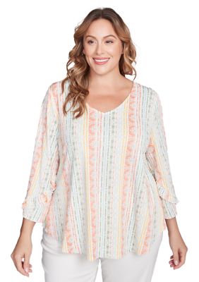 Ruby Rd Plus Size Tropical Stripe Puff Print V-Neck Top | belk