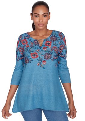 Ruby Rd Women's Keyhole Neck Floral Vine Placement Print Hacci Knit ...