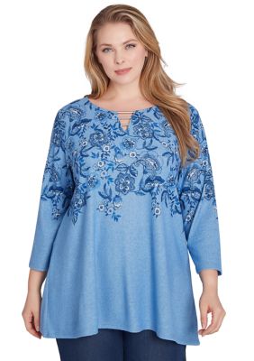Ruby Rd Plus Size Keyhole Neck Floral Vine Placement Print Hacci Knit ...