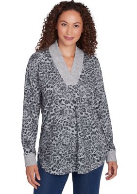 Ruby Rd Petite V-Neck Leopard Medallion Printed Hacci Knit Top with ...