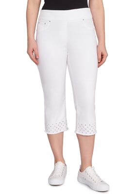 Ruby Rd Petite Pull On Embroidered Hem Soft Stretch Denim Capri Pants ...