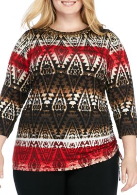 Ruby Rd Plus Size Embellished Neck Printed Side Ruched Top | belk