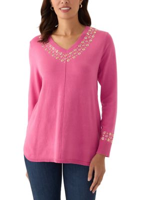 Ruby Rd Women's V-Neck Grommet Embellished Fine Gauge Pullover Sweater ...