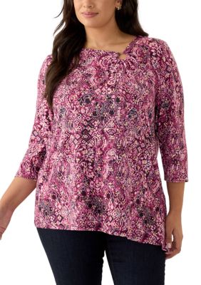 Ruby Rd Plus Size Ring Neck Medallion Print Hatchi Knit Top with ...