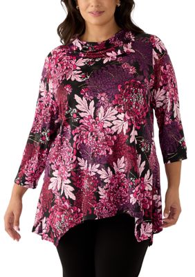 Ruby Rd Plus Size Split Cowl Neck Bold Blooms Dew Drop Printed Knit Sharkbite Top | belk