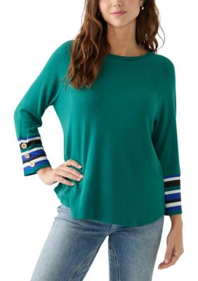 Ruby Rd Women's Crew Neck Solid Hacci Knit Top with Striped Cuff Detail ...